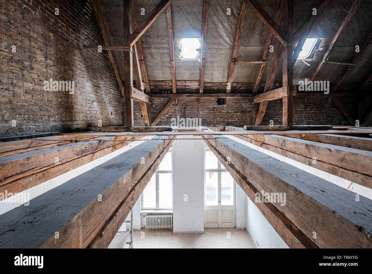 floor beams in attic / loft during renovation, roof under construction ...