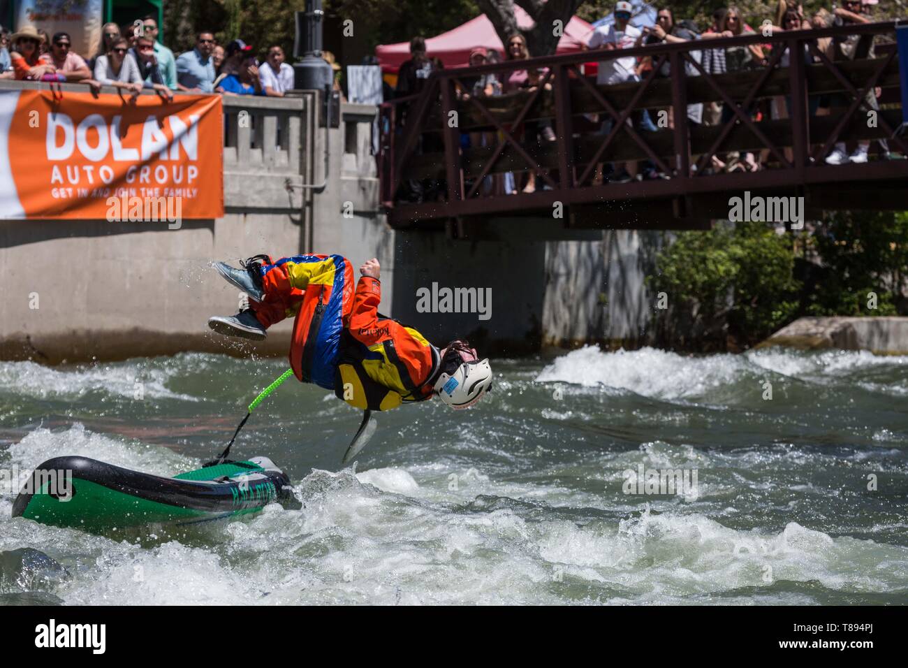 Reno, Nevada, USA. 11th May, 2019. A competitor does a back flip off ...