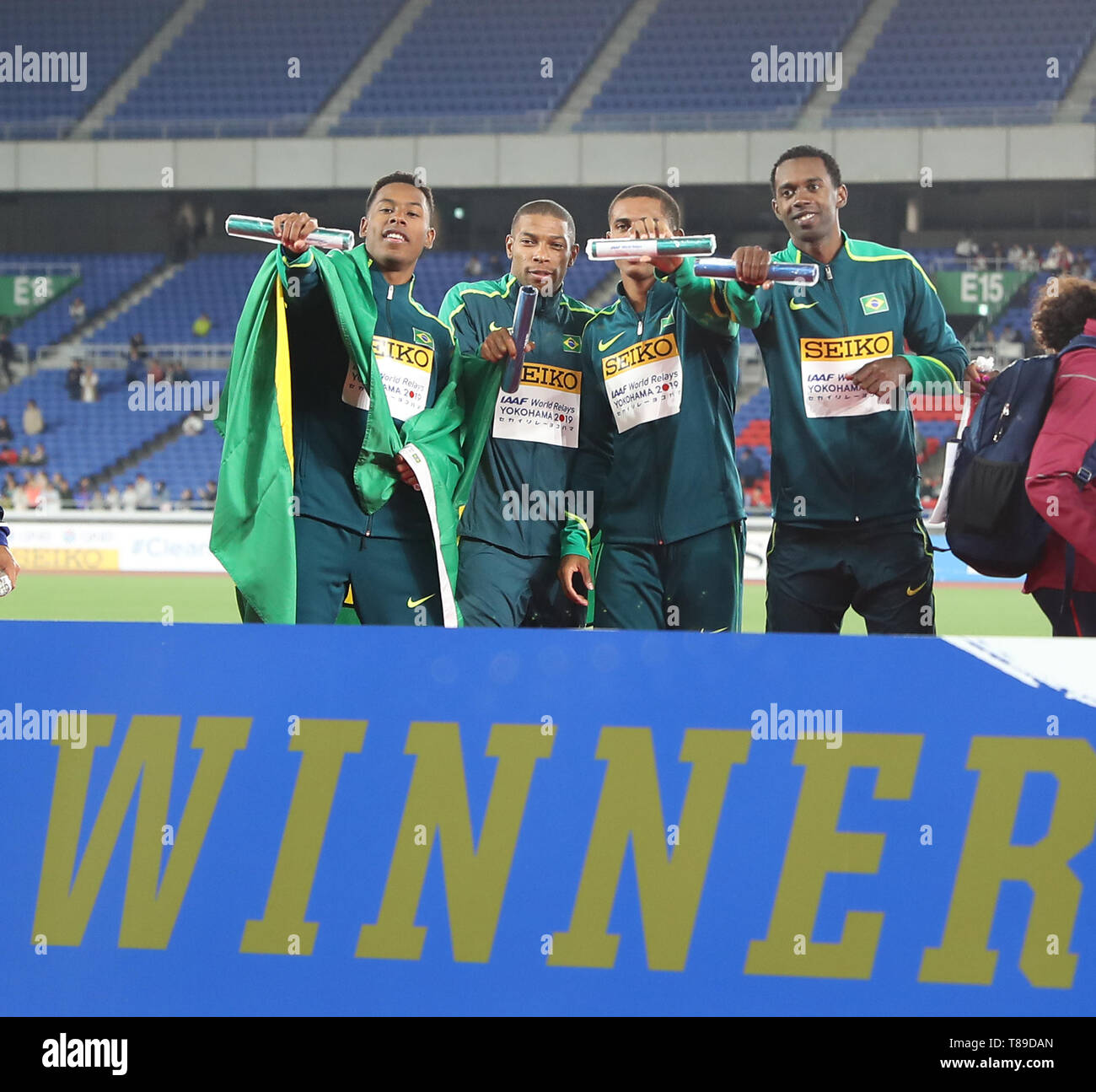 Yokohama, Japan. 12th May, 2019. Athletes of team Brazil pose for a ...