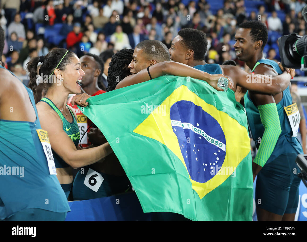 Yokohama, Japan. 12th May, 2019. Athletes of team Brazil celebrate ...