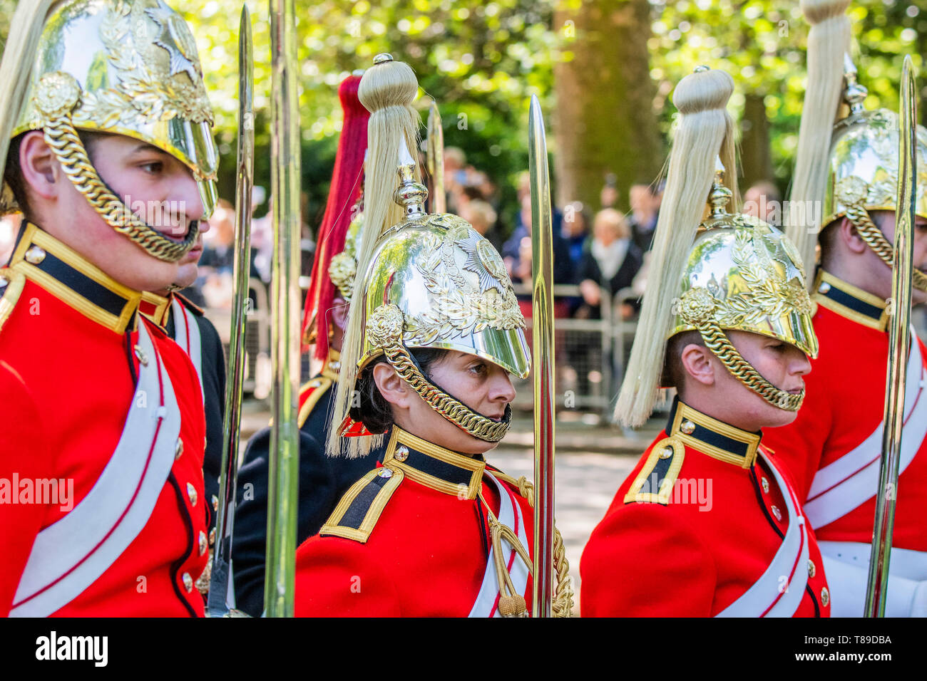 London, UK. 12th May, 2019. The march past, with a sole female trooper ...