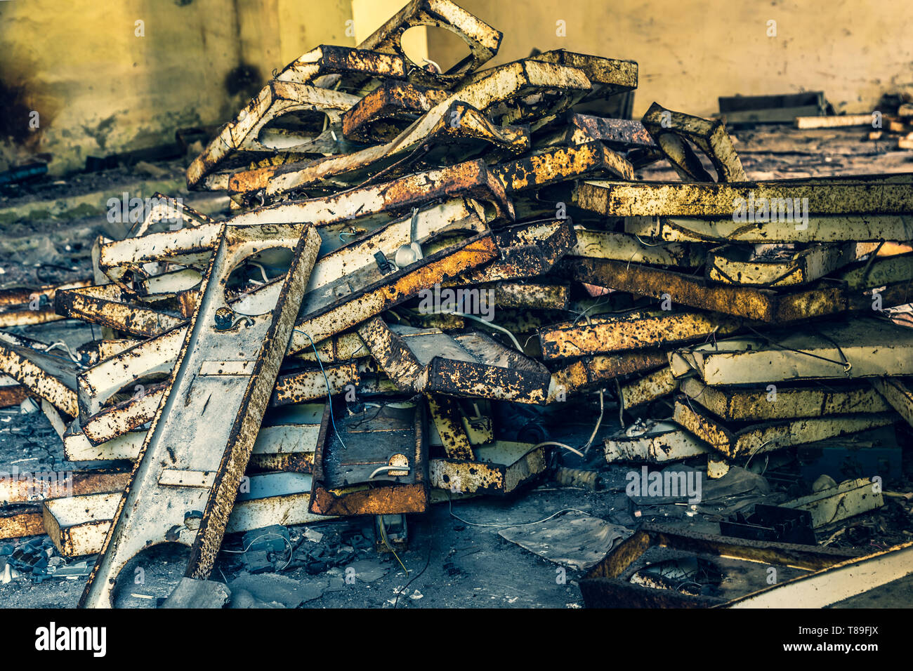 Pile of rusted old steel in an abandoned factory in Belarus Chernobyl ...