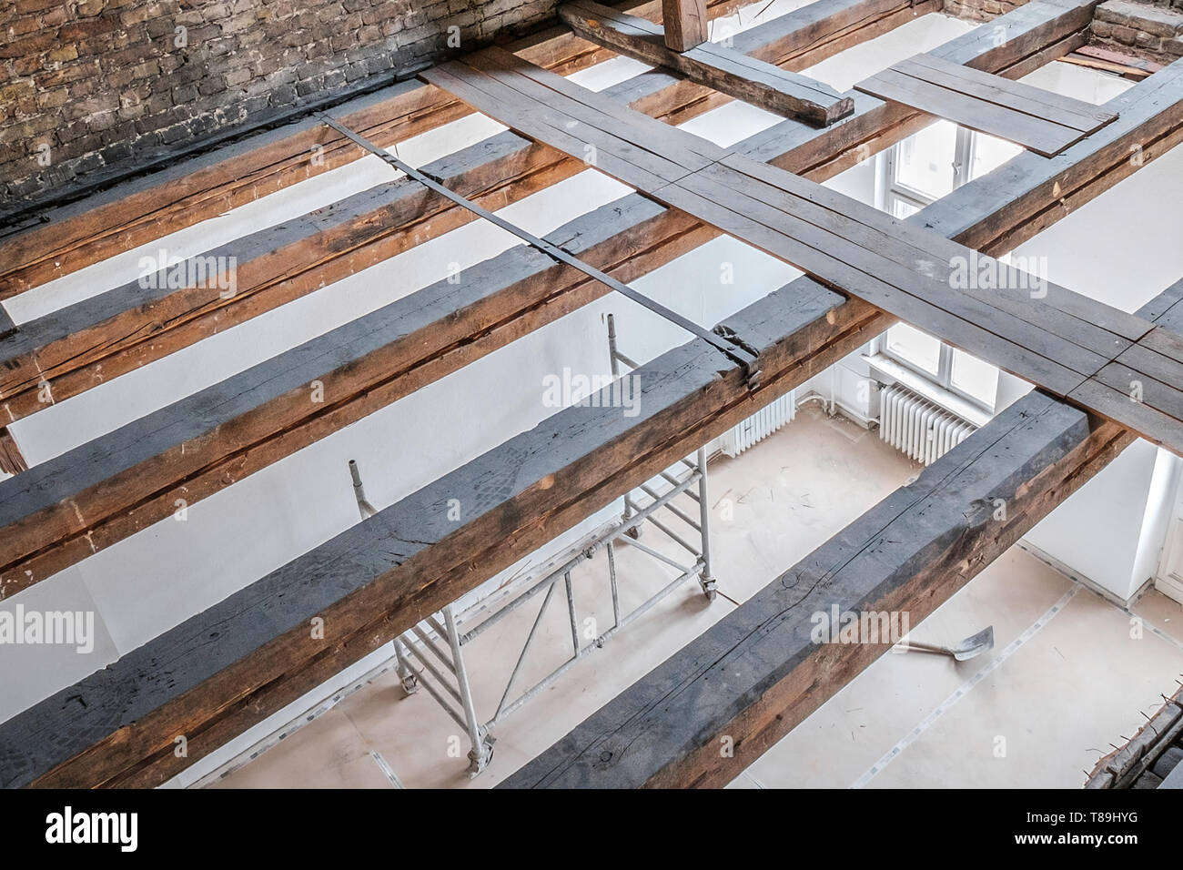 floor beams in attic / loft during renovation, roof under construction ...