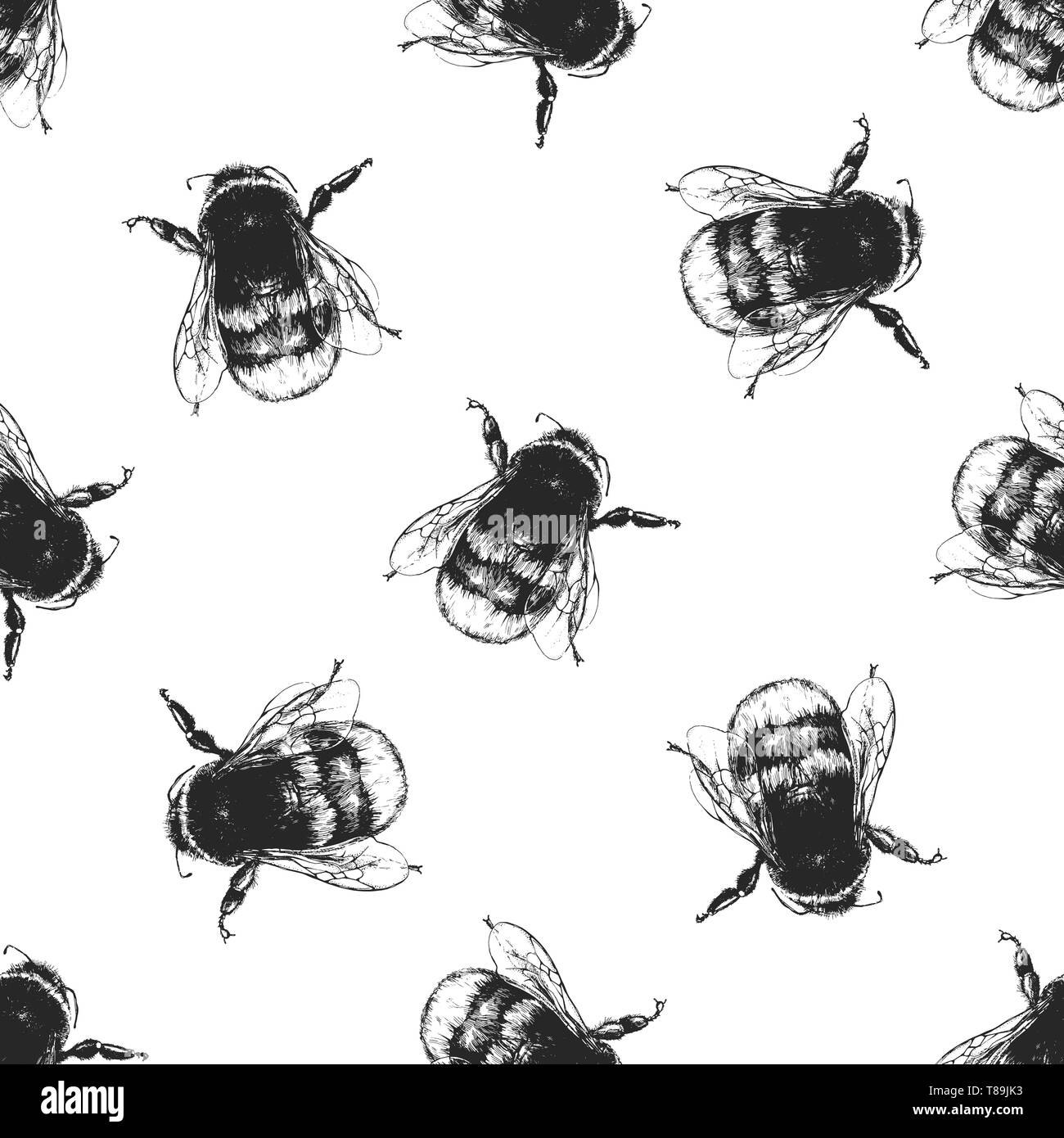 Seamless pattern of hand drawn sketch style bumblebee isolated on white ...