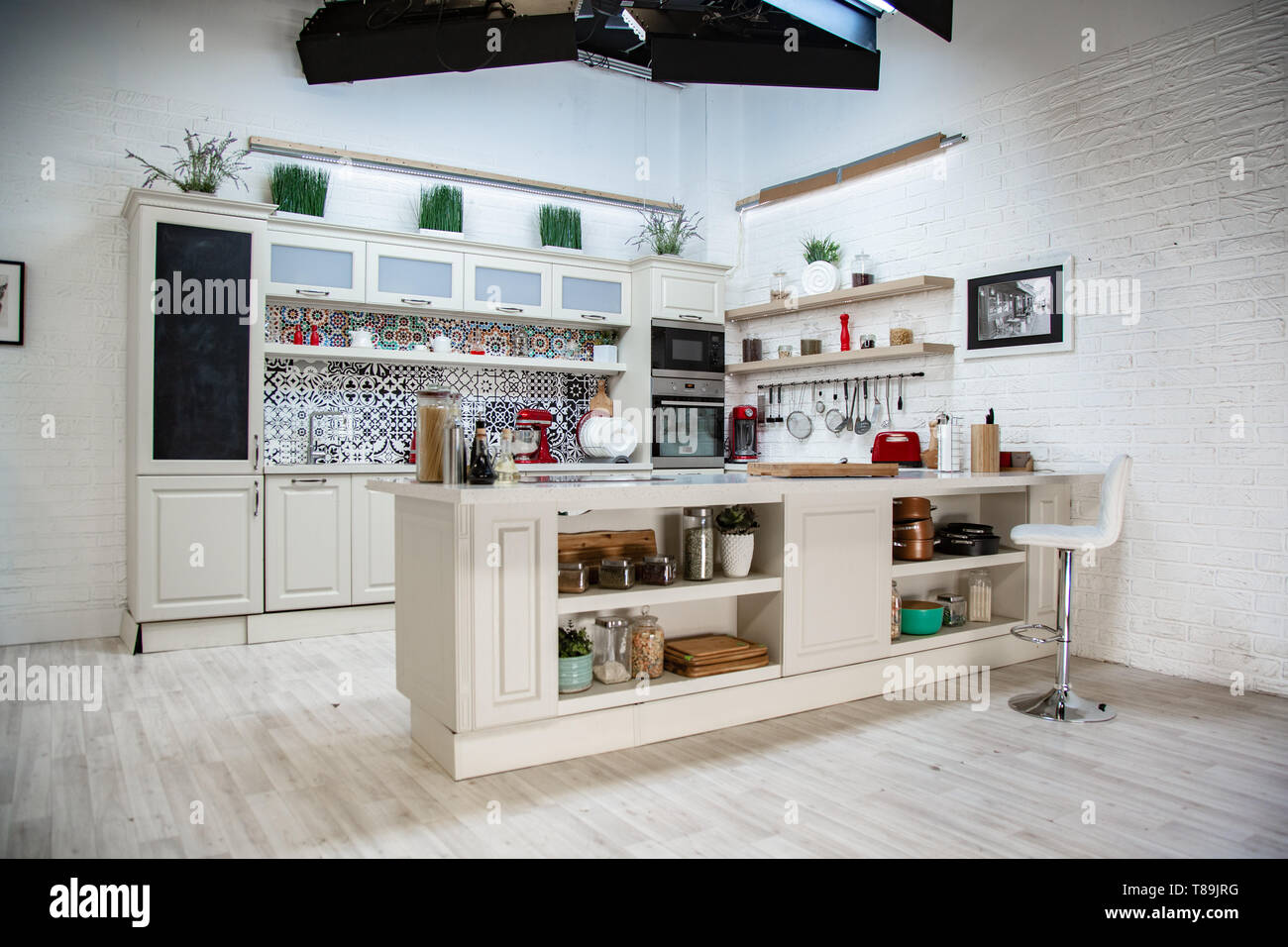 Studio style kitchen, light design, modern style, classic design Stock ...