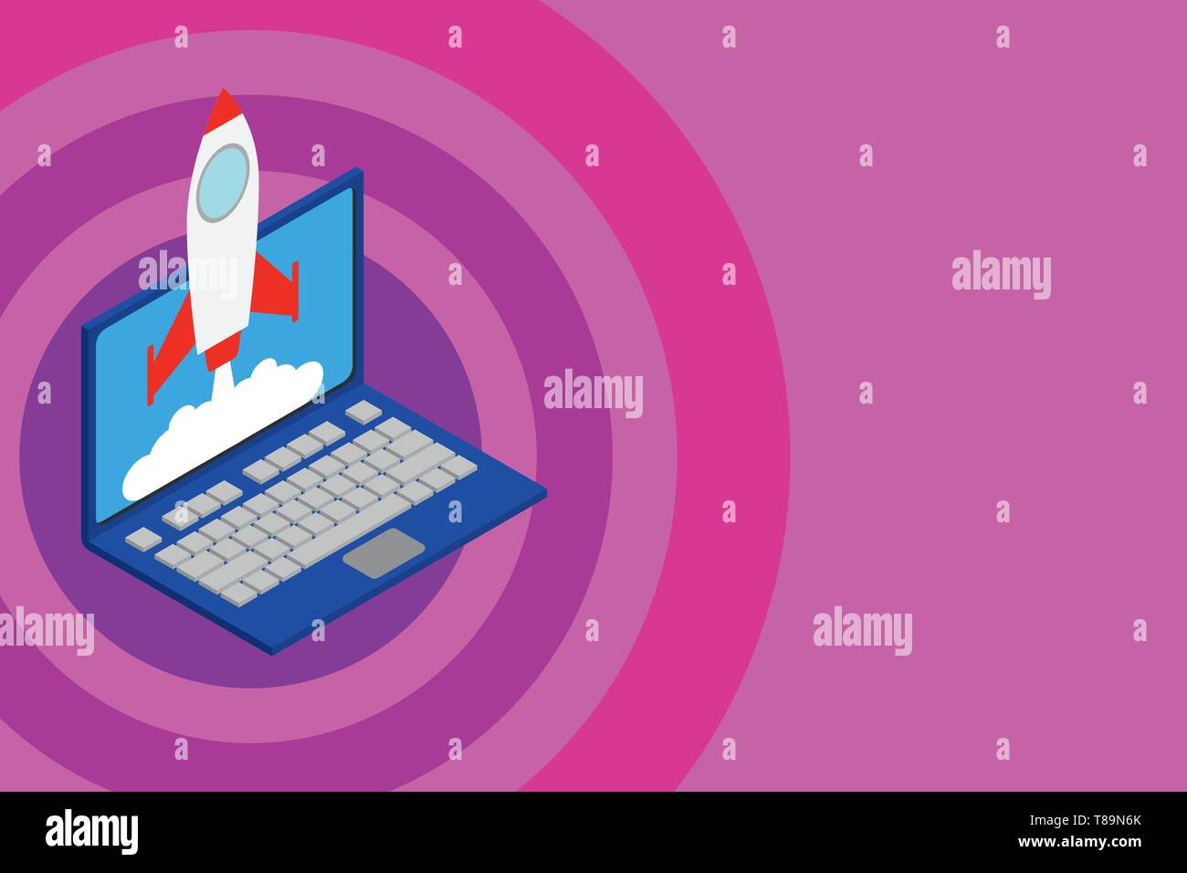 Rocket launching clouds laptop background. Startup project growing. SEO ...