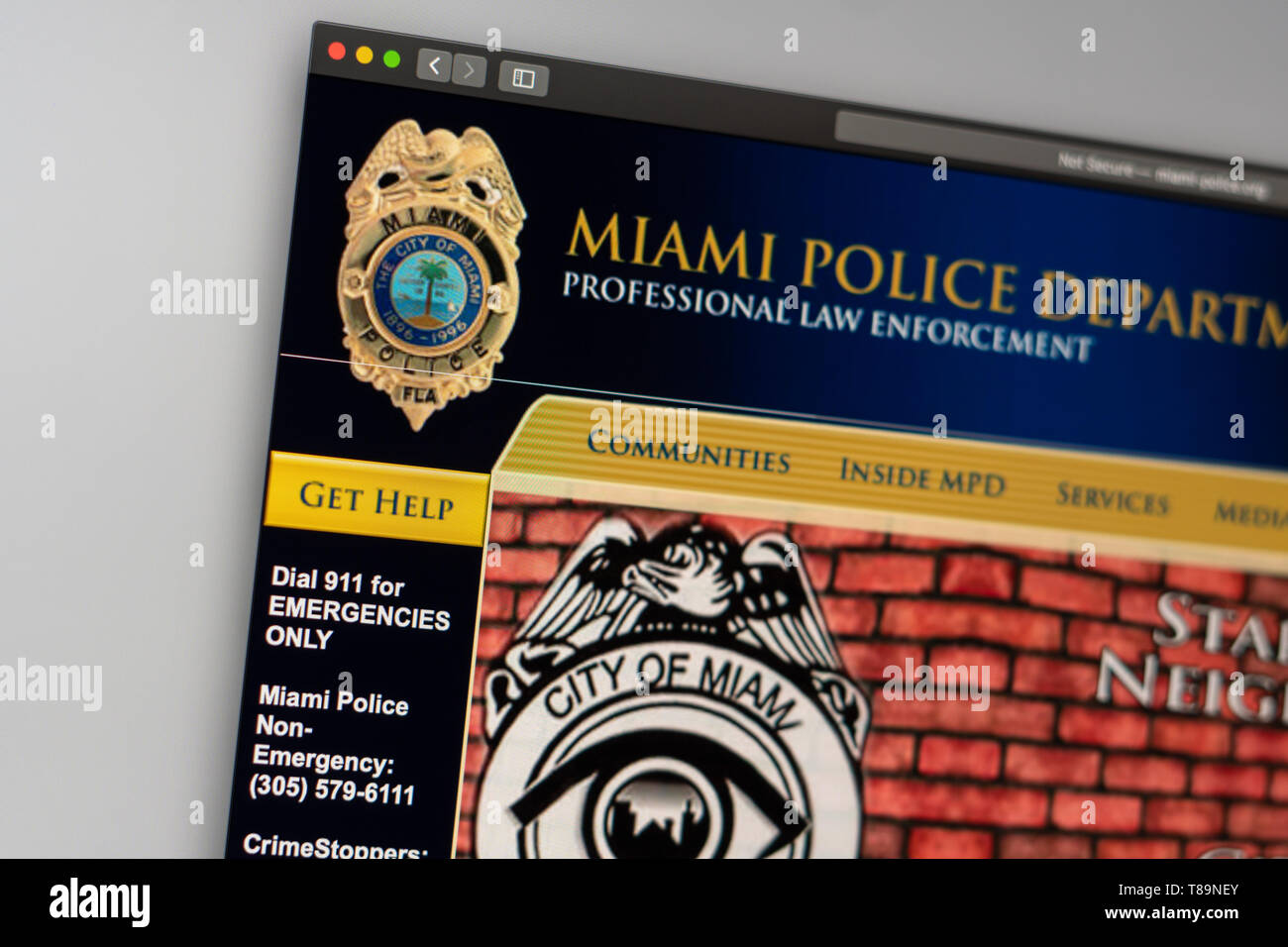 Miami Police Department website homepage. Close up of Police Dept logo ...