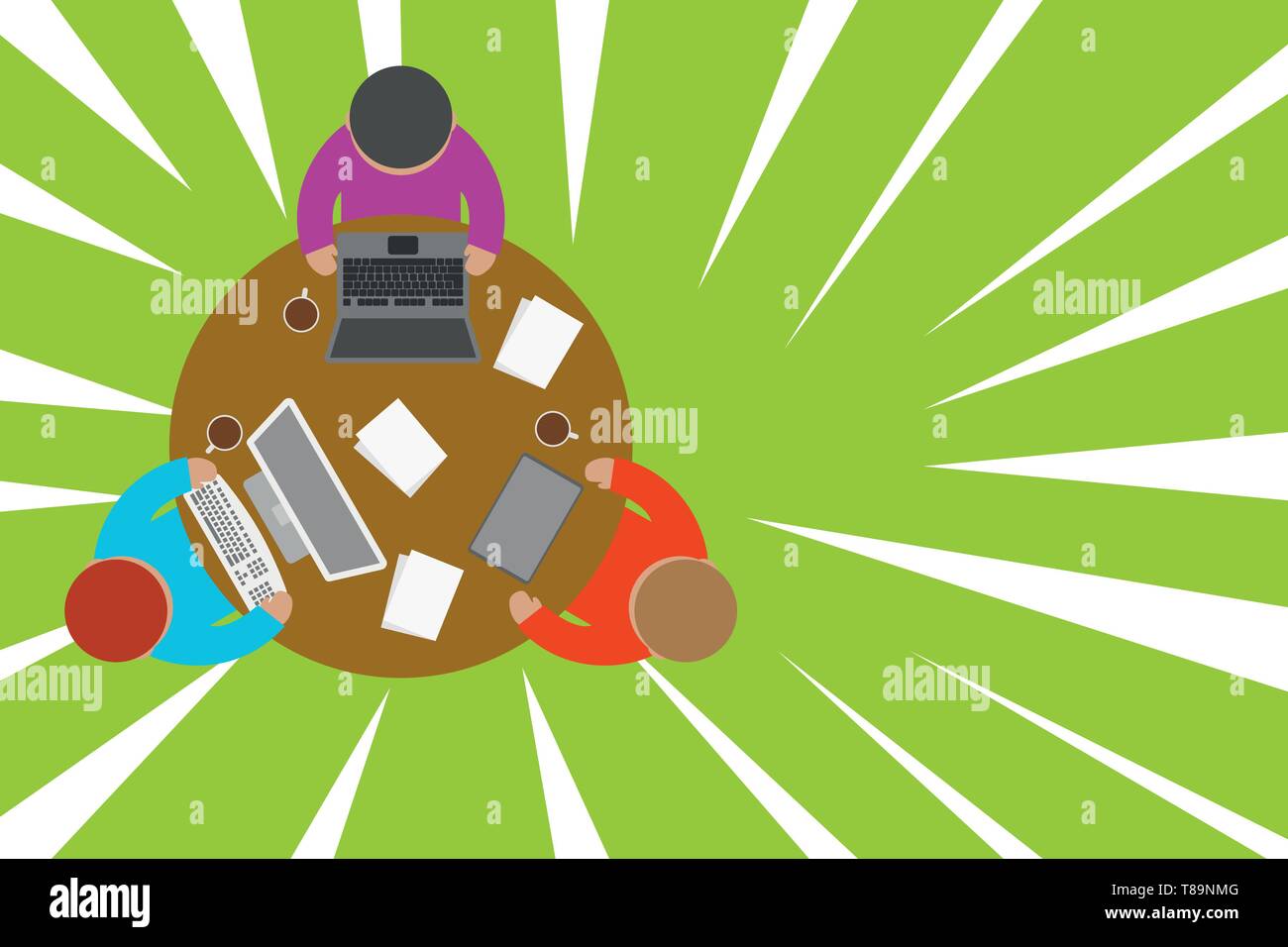 Working round table male employees electronic devices documents coffee ...