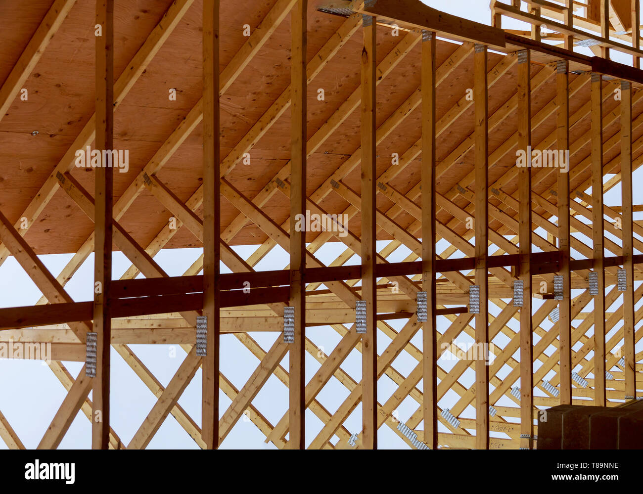 House construction with wood framing roof trusses Stock Photo - Alamy