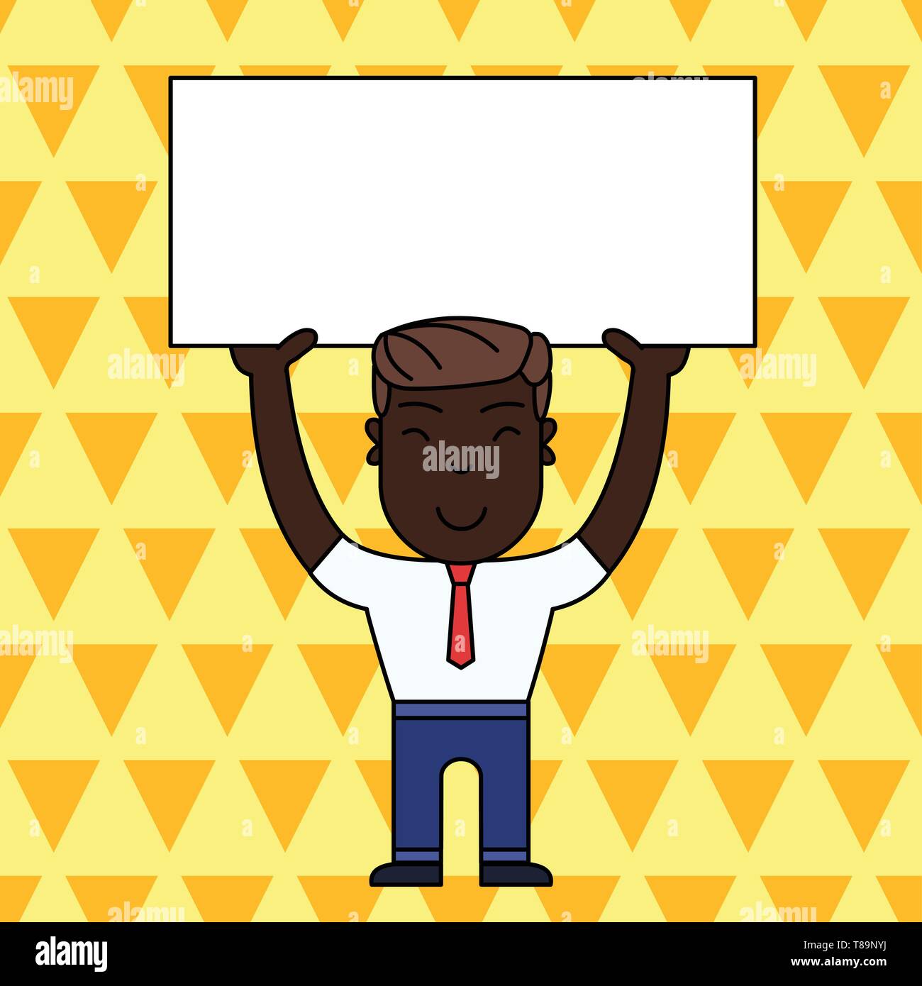 Smiling Man Standing Holding Big Empty Placard Overhead with Both Hands ...