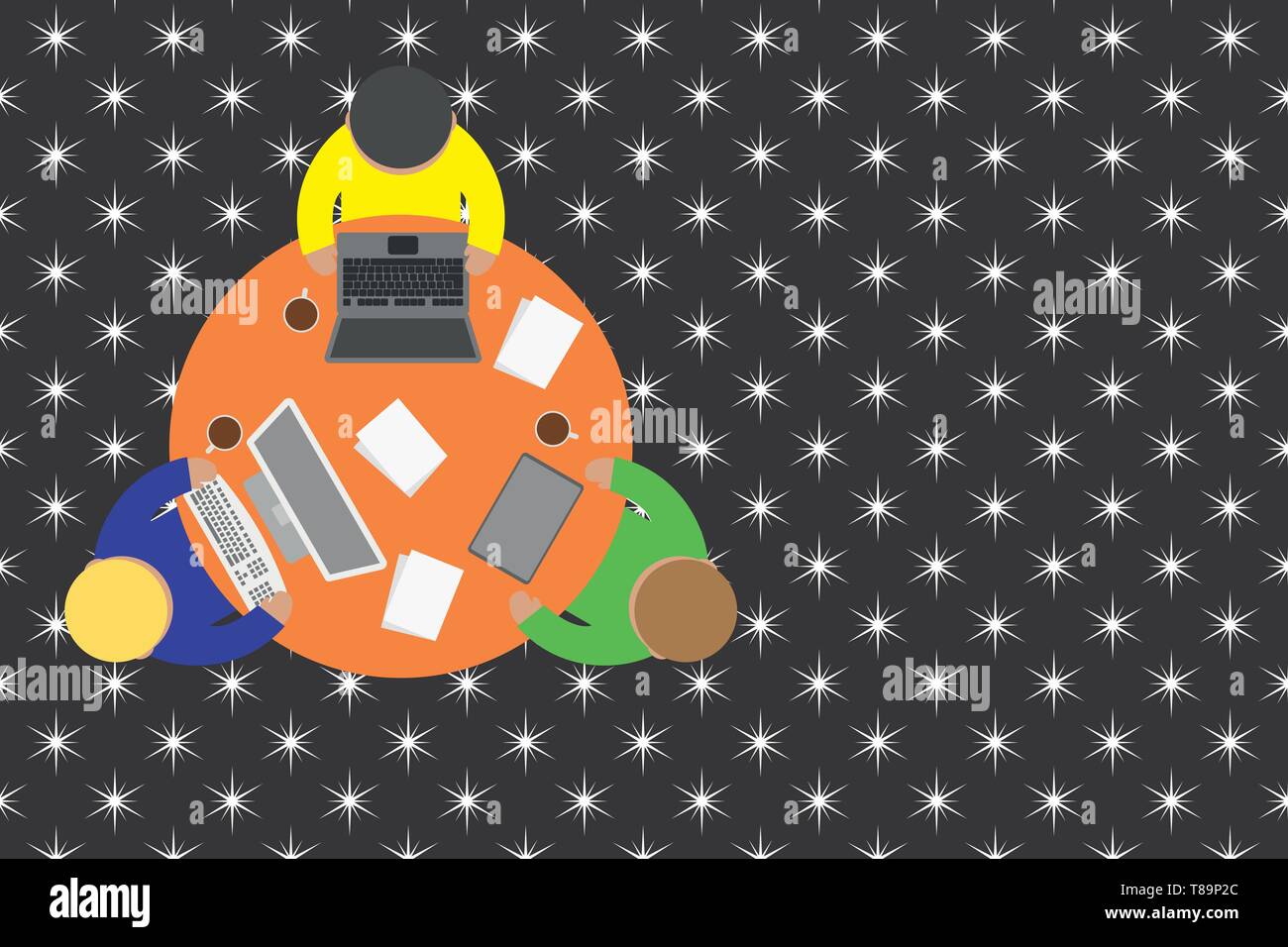 Working round table male employees electronic devices documents coffee ...