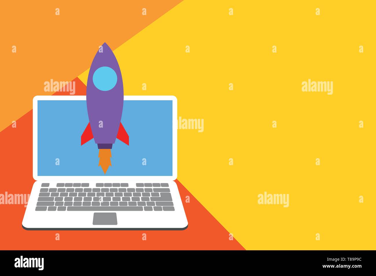 Launching rocket up laptop . Startup project. Developing goal ...