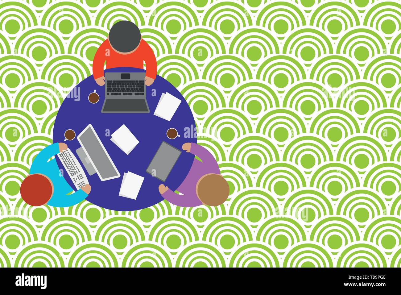 Working round table male employees electronic devices documents coffee ...