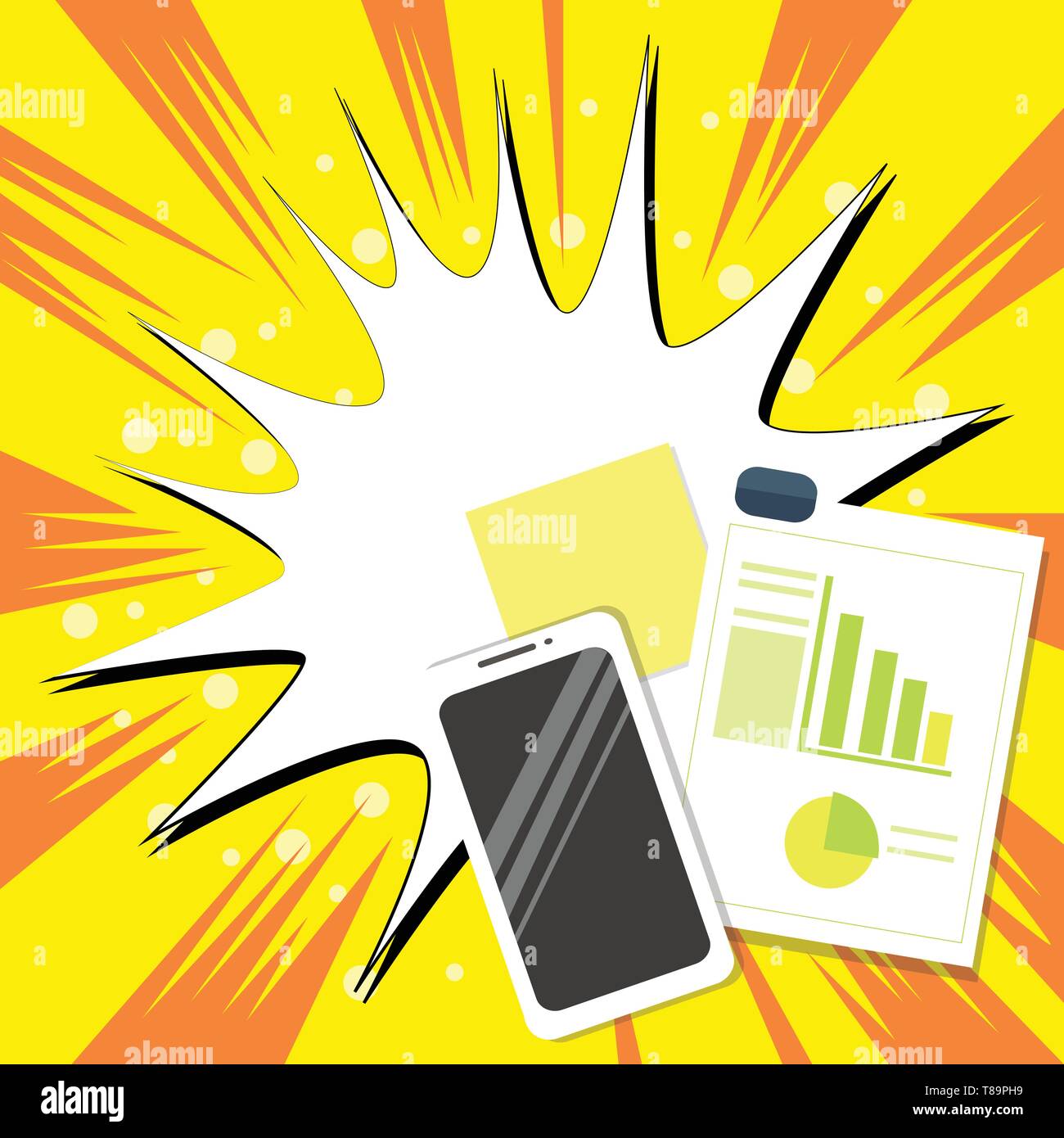 Layout Smartphone Off Sticky Notes Clipboard with Pie Chart and Bar ...