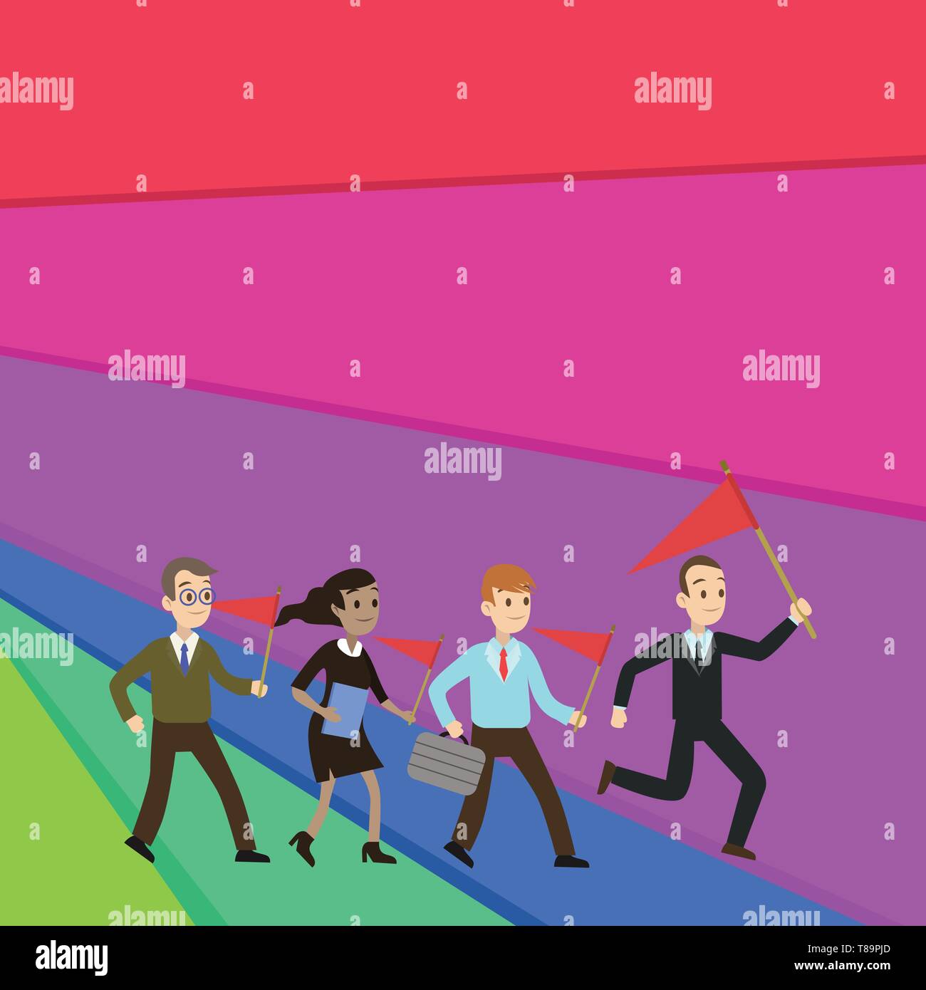 People Crowd Flags Pennants Headed by Leader Running Demonstration ...