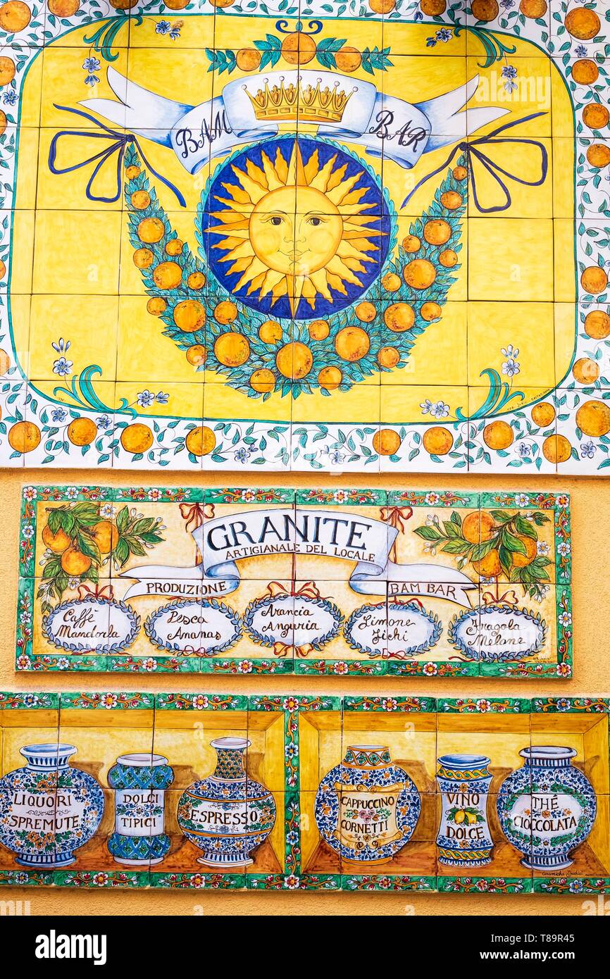 Italy, Sicily, Taormina, the old town, ceramic sign of a bar Stock ...