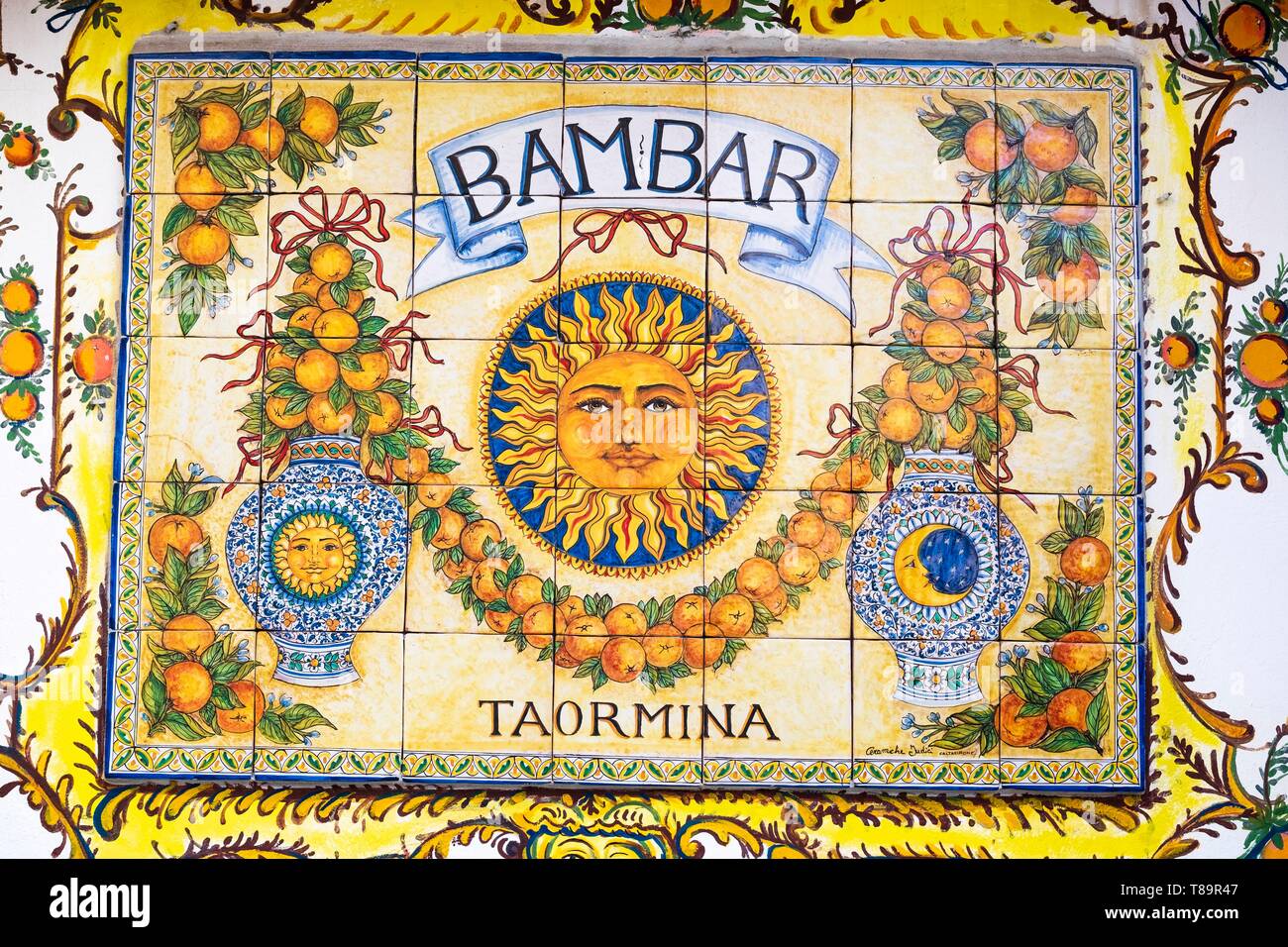 Italy, Sicily, Taormina, the old town, ceramic sign of a bar Stock ...