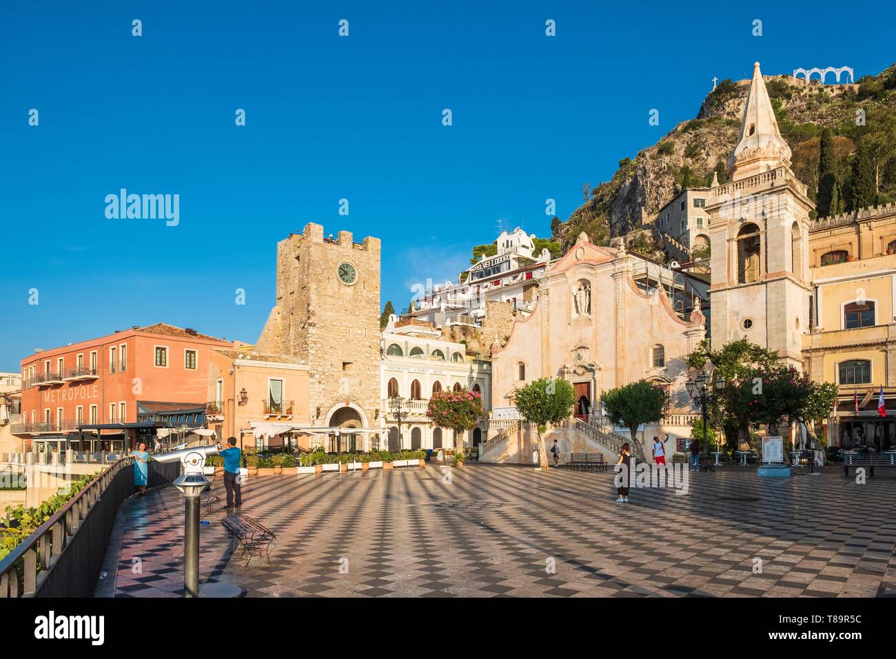 Italy, Sicily, Taormina, the old town, the clock tower and San Giuseppe ...