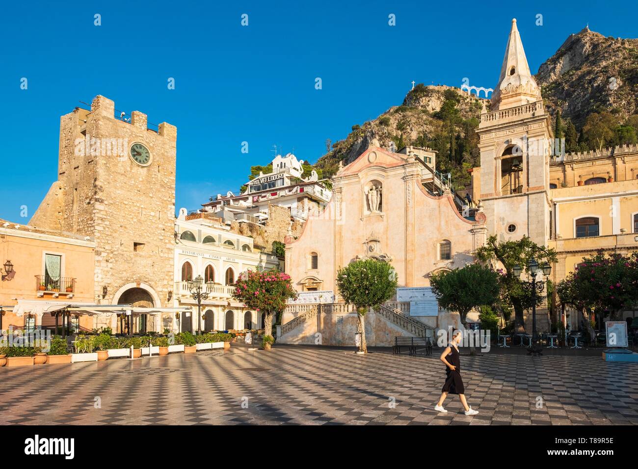 Italy, Sicily, Taormina, the old town, the clock tower and San Giuseppe ...