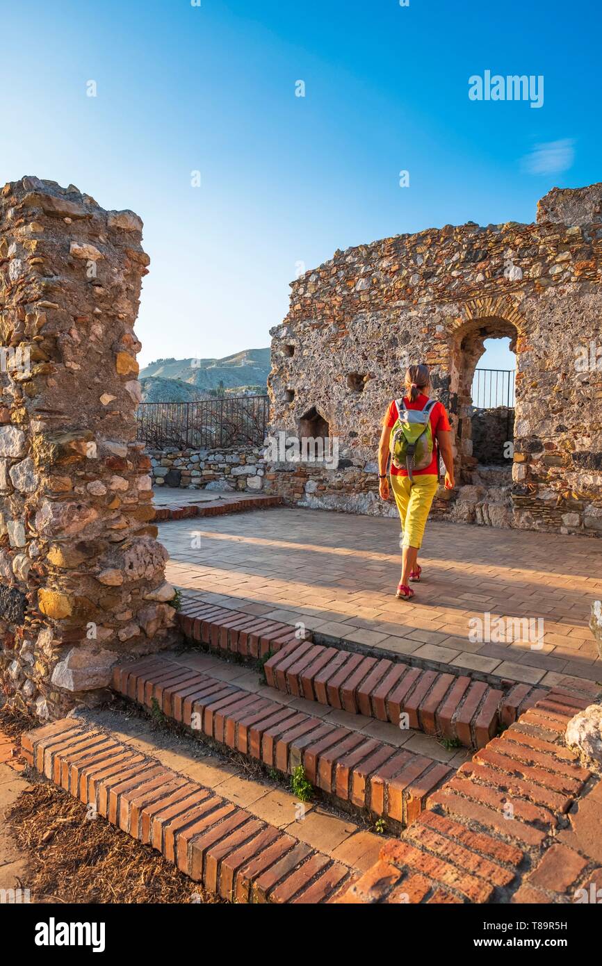 Italy, Sicily, Castelmola on the heights of Taormina, the ruins of the ...