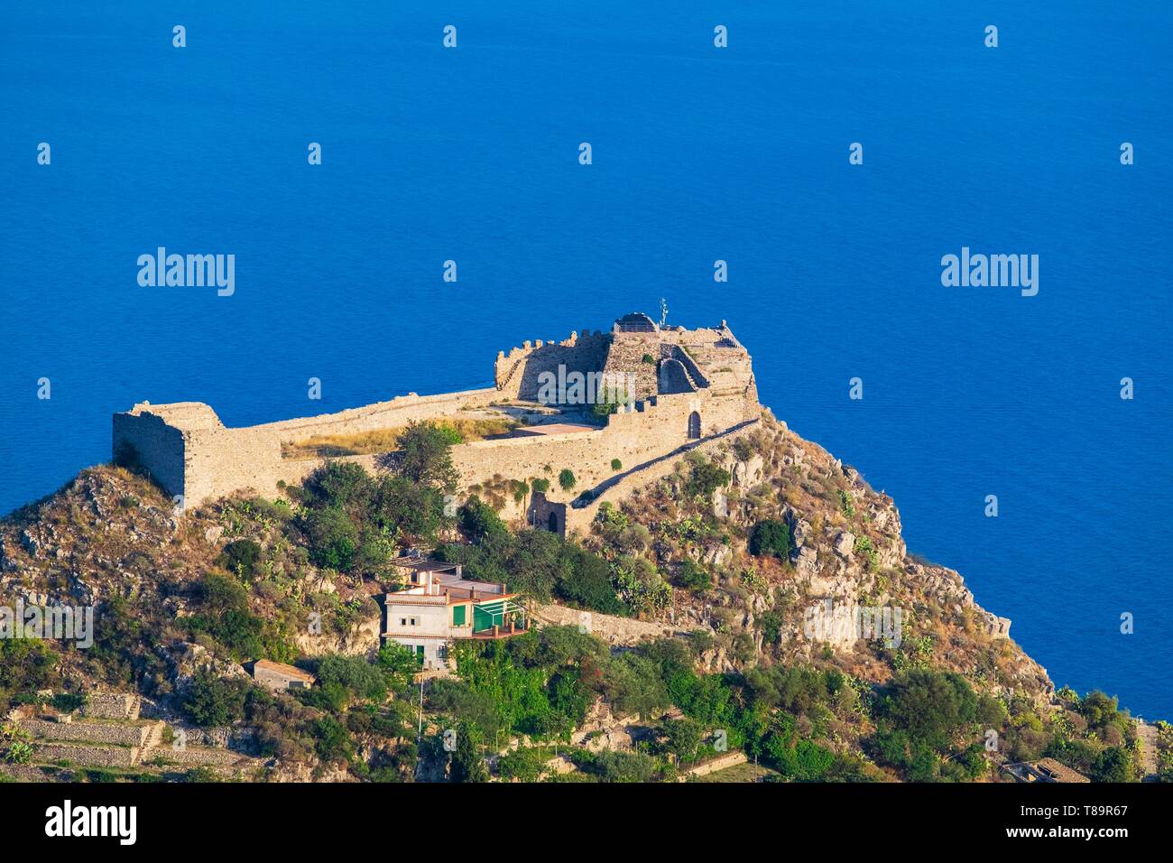 Italy, Sicily, Taormina, remains of the medieval castle at the top of ...