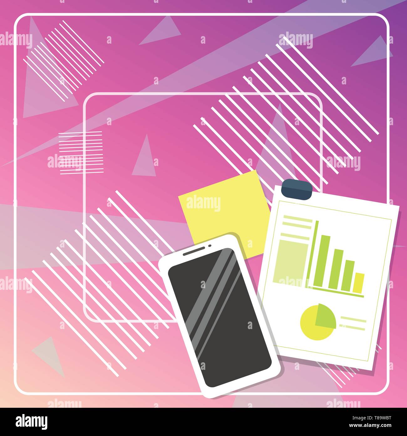 Layout Smartphone Off Sticky Notes Clipboard with Pie Chart and Bar ...