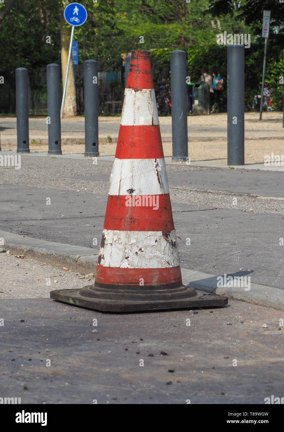traffic cone to mark road works or temporary obstruction traffic sign ...