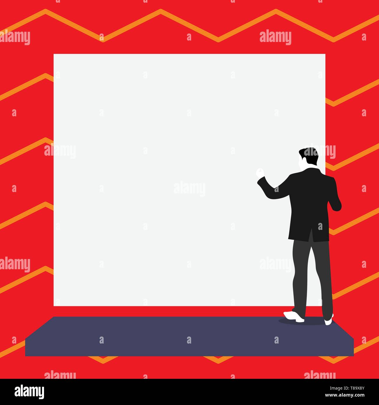Short hair immature young man stand in front of rectangle big blank ...