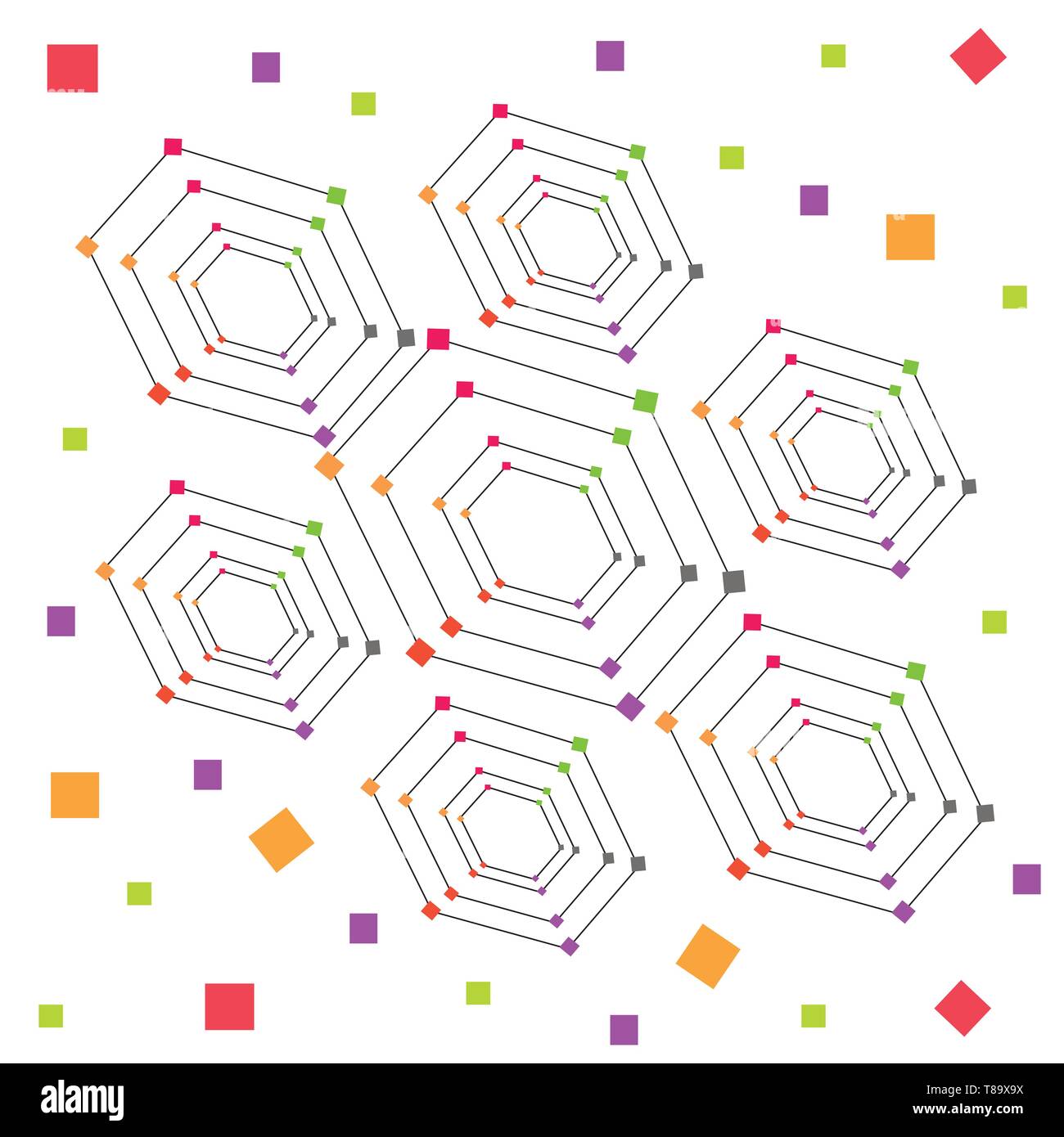 Centered Hexagon Concentric Pattern Randomly Scattered Colored Squares ...