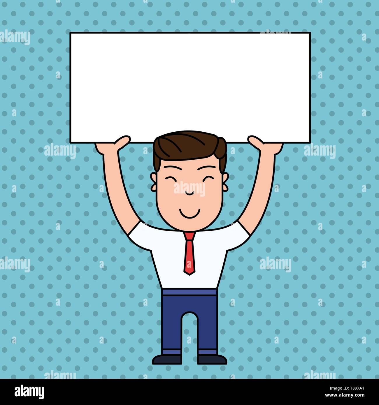 Smiling Man Standing Holding Big Empty Placard Overhead with Both Hands ...