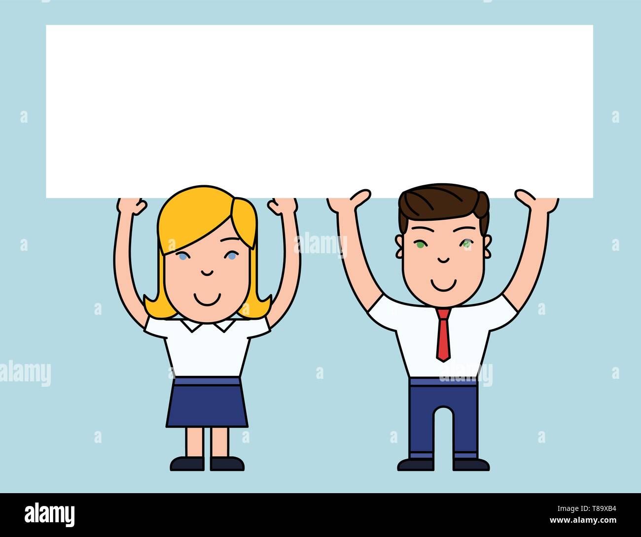 Two Smiling People Holding Big Blank Poster Board Overhead with Both ...