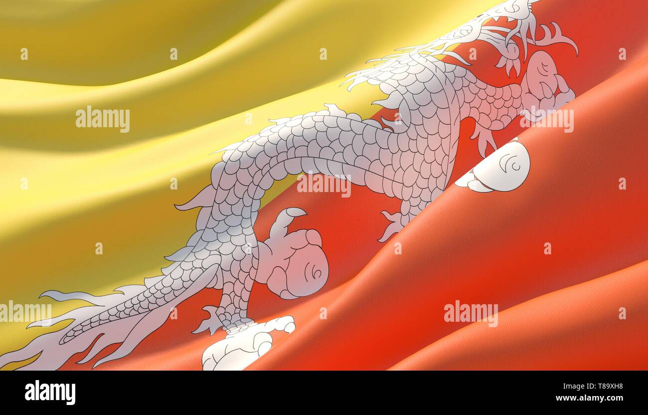 Waved highly detailed close-up flag of Bhutan. 3D illustration Stock ...
