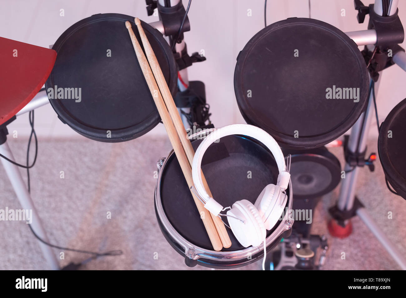 Music, hobby, musical instruments concept - drum with drumsticks and ...
