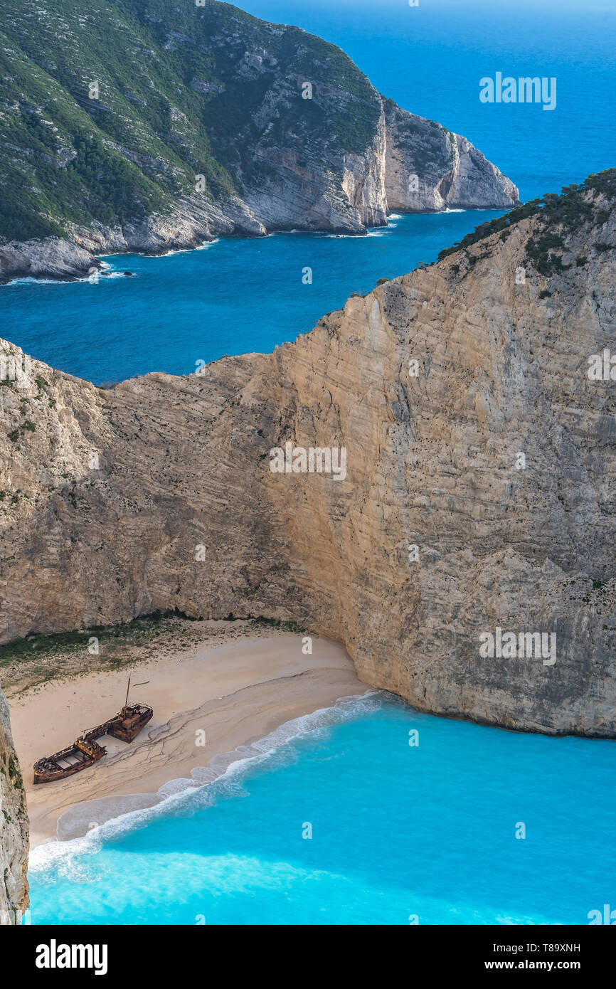 Stunning view of the cliffs in Shipwreck Cove in summer on Zante Island ...