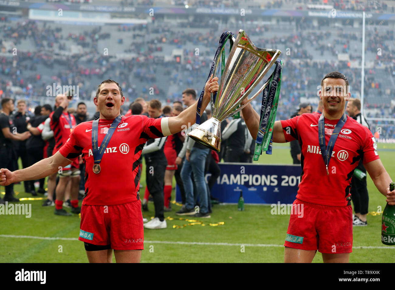 Alex Goode and Saracens Sean Maitland celebrate winning the Champions ...