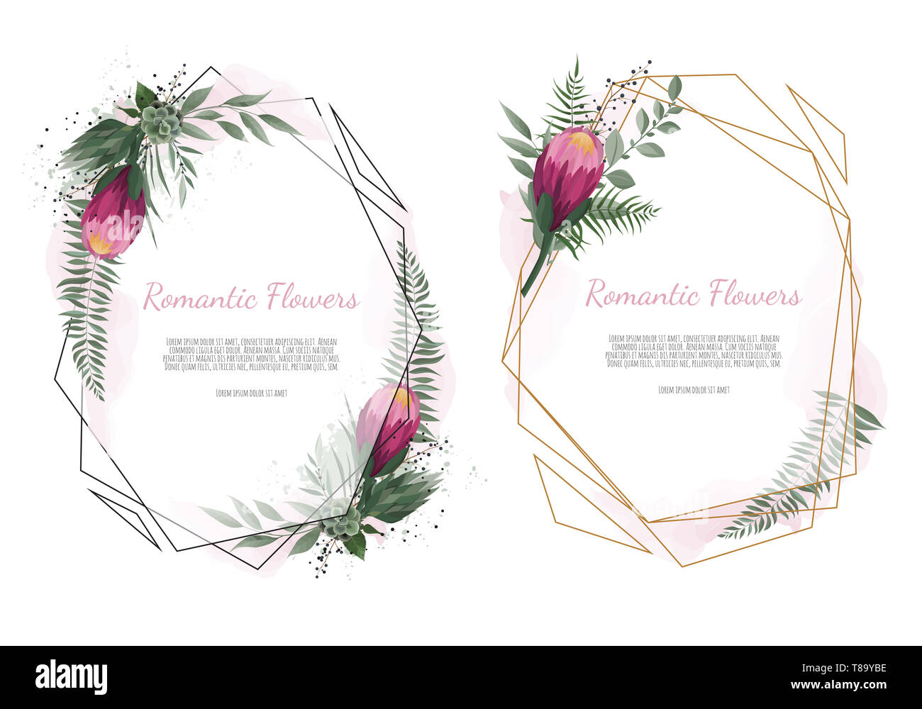 floral botanical card design with leaves with golden geometrical frame ...