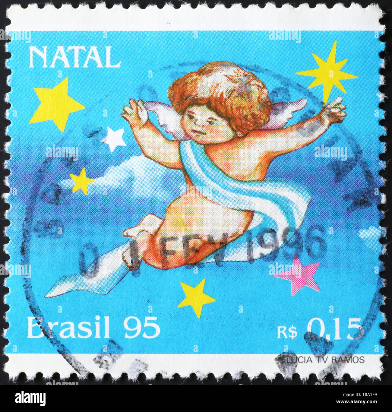 Smiling cherub on brazilian postage stamp Stock Photo - Alamy