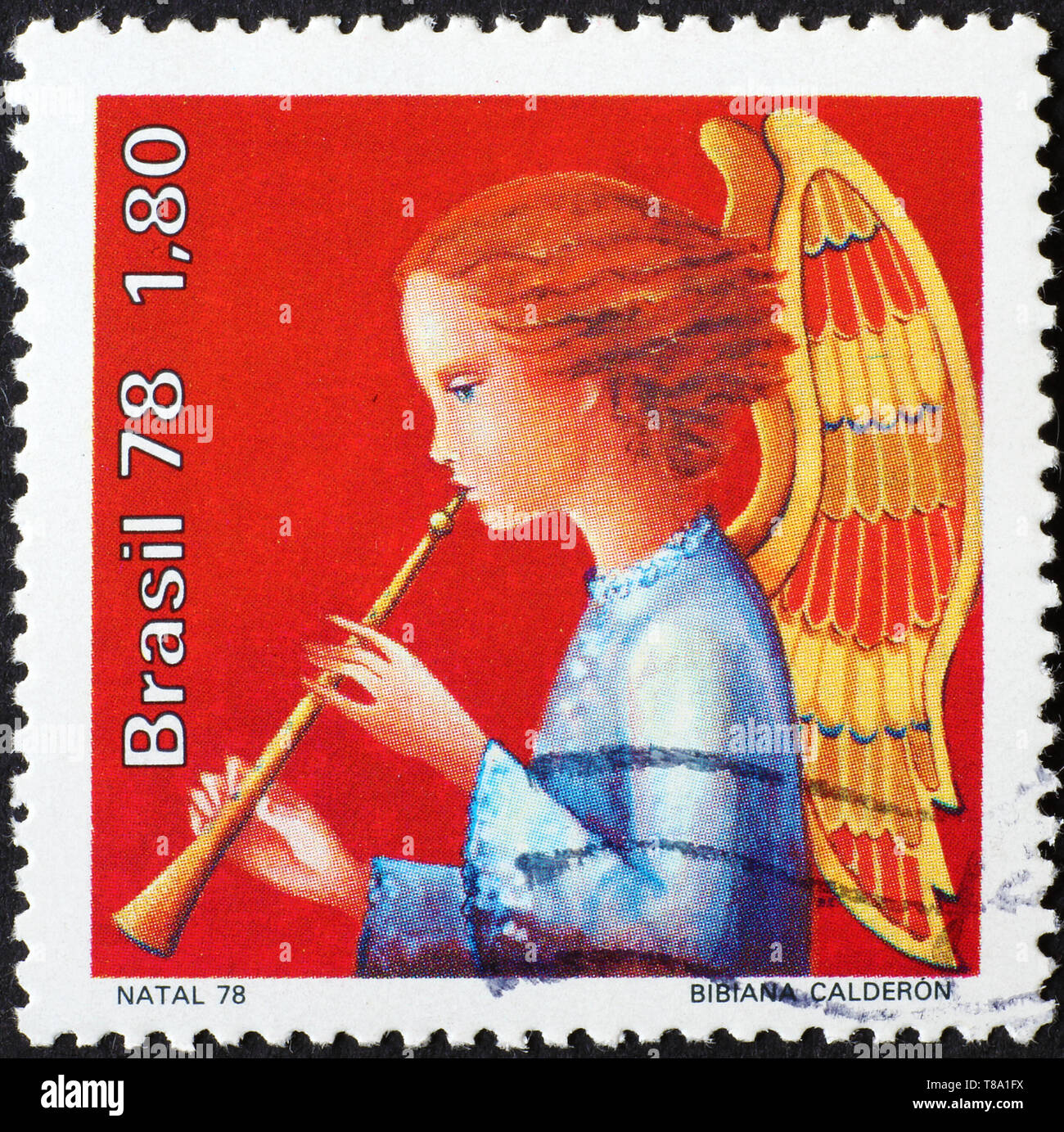 Angel playing recorder on brazilian postage stamp Stock Photo - Alamy