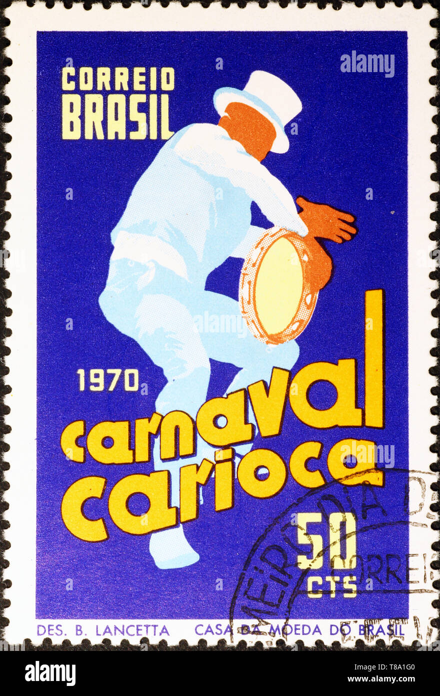 Brazilian man dancing during the carnival, beautiful postage stamp ...