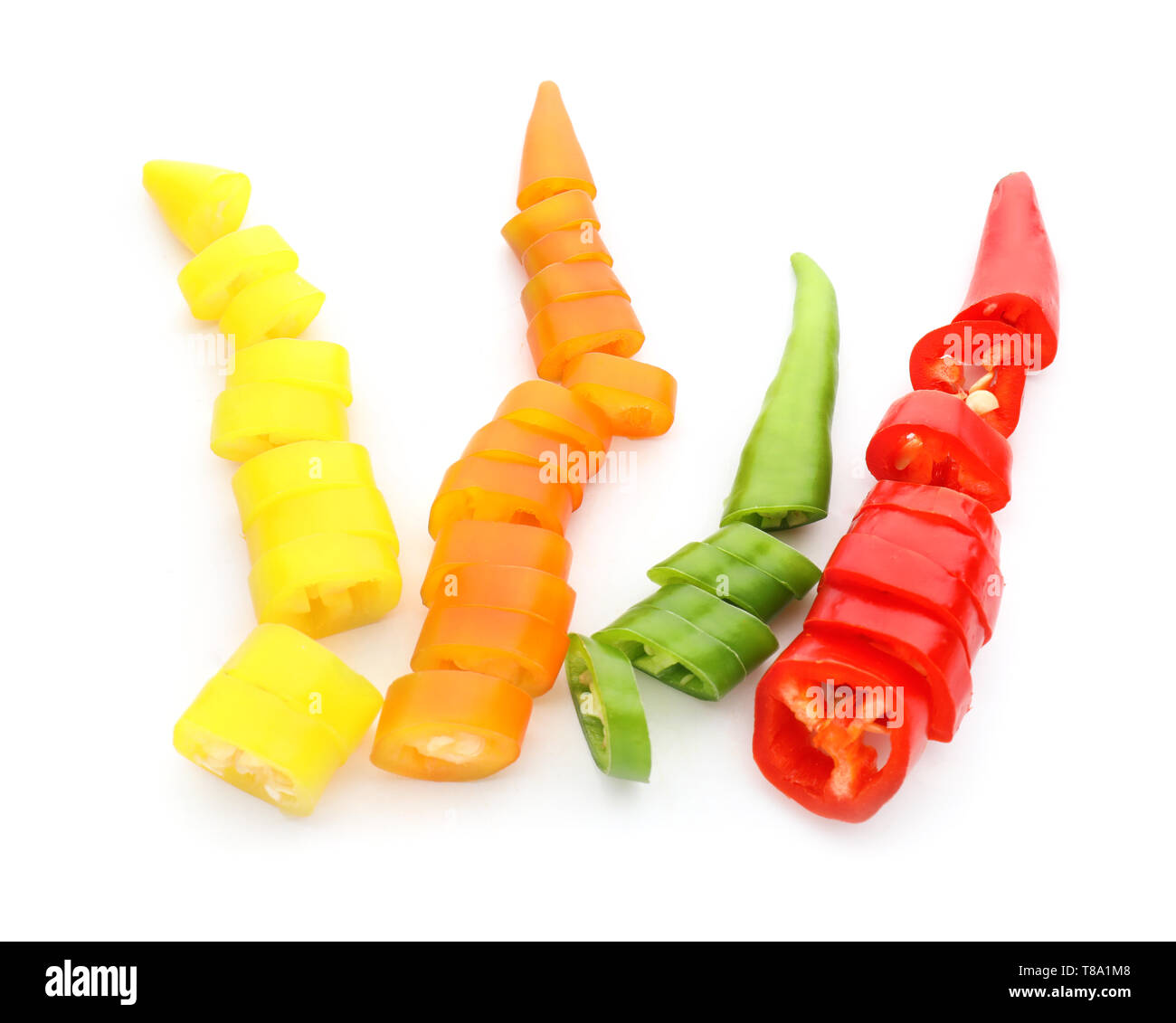 Fresh sliced chili peppers on white background Stock Photo - Alamy