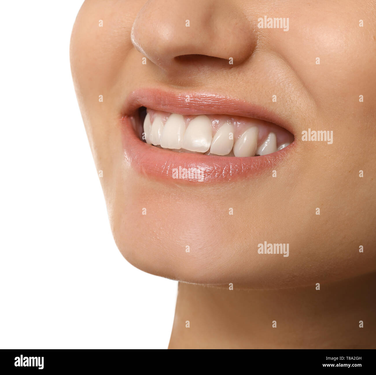 Beautiful young woman with healthy teeth on white background Stock ...