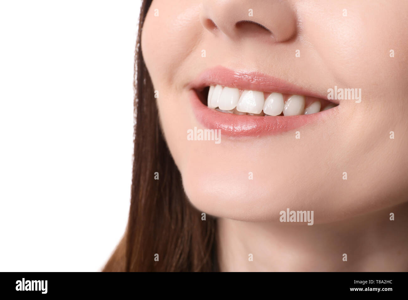 Beautiful young woman with healthy teeth on white background Stock ...