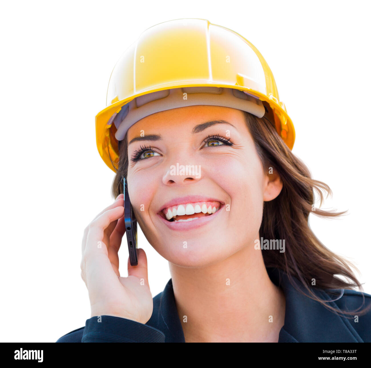 Female Contractor In Hard Hat Using Cell Phone Isolated On White Stock ...