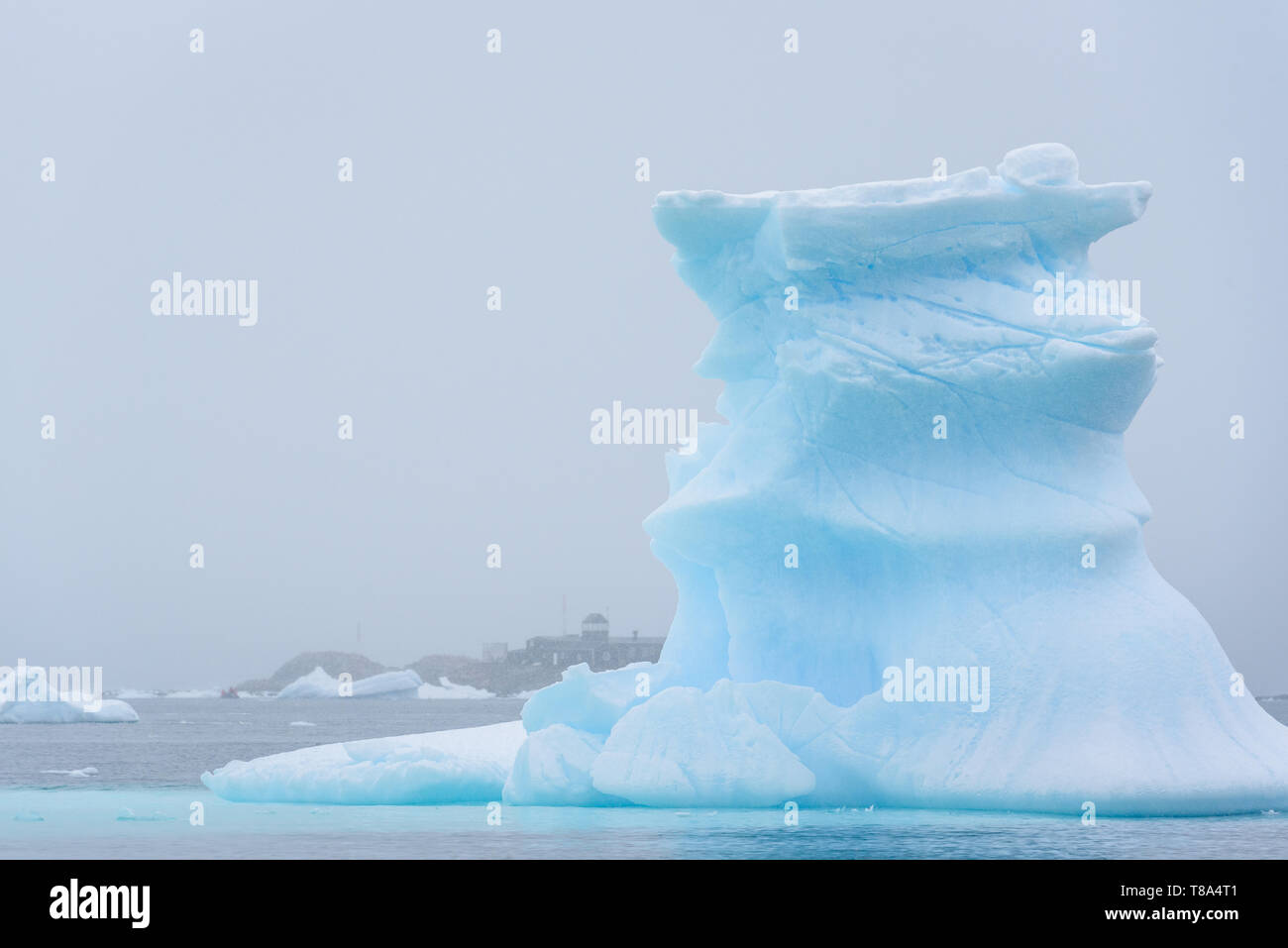 Beautiful turquoise blue iceberg floating in the Antarctic, against a ...