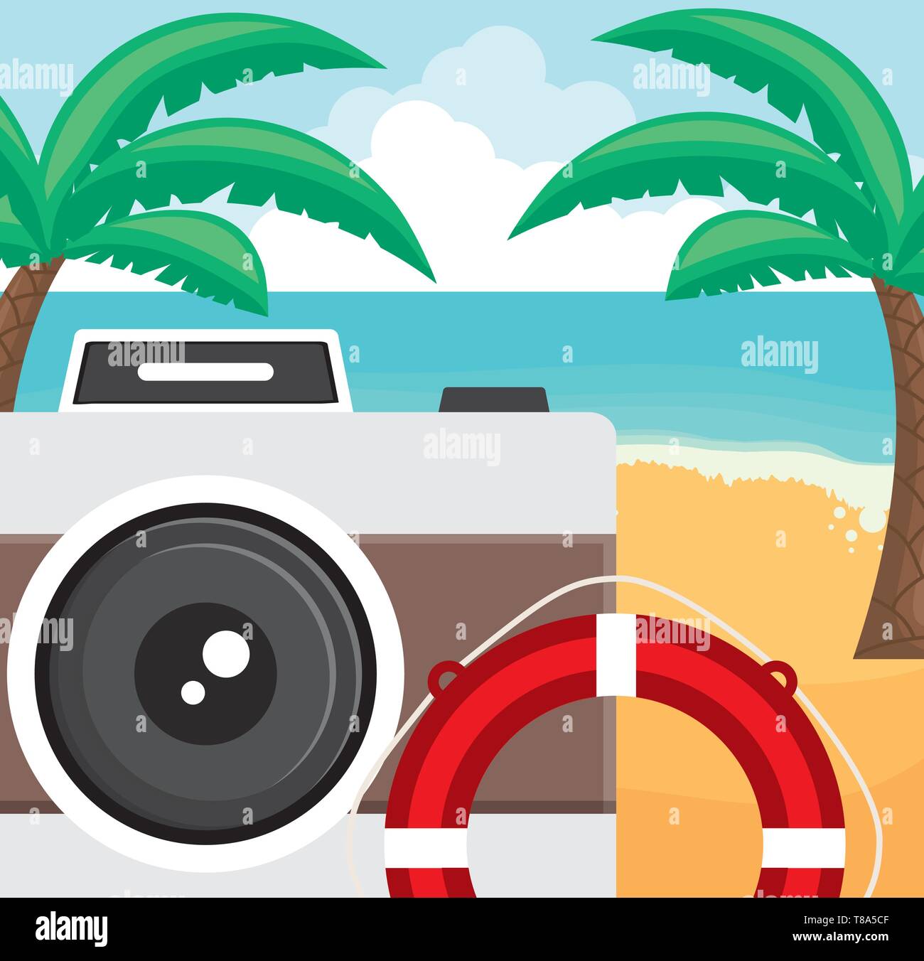 trees palms beach scene with camera and float vector illustration ...