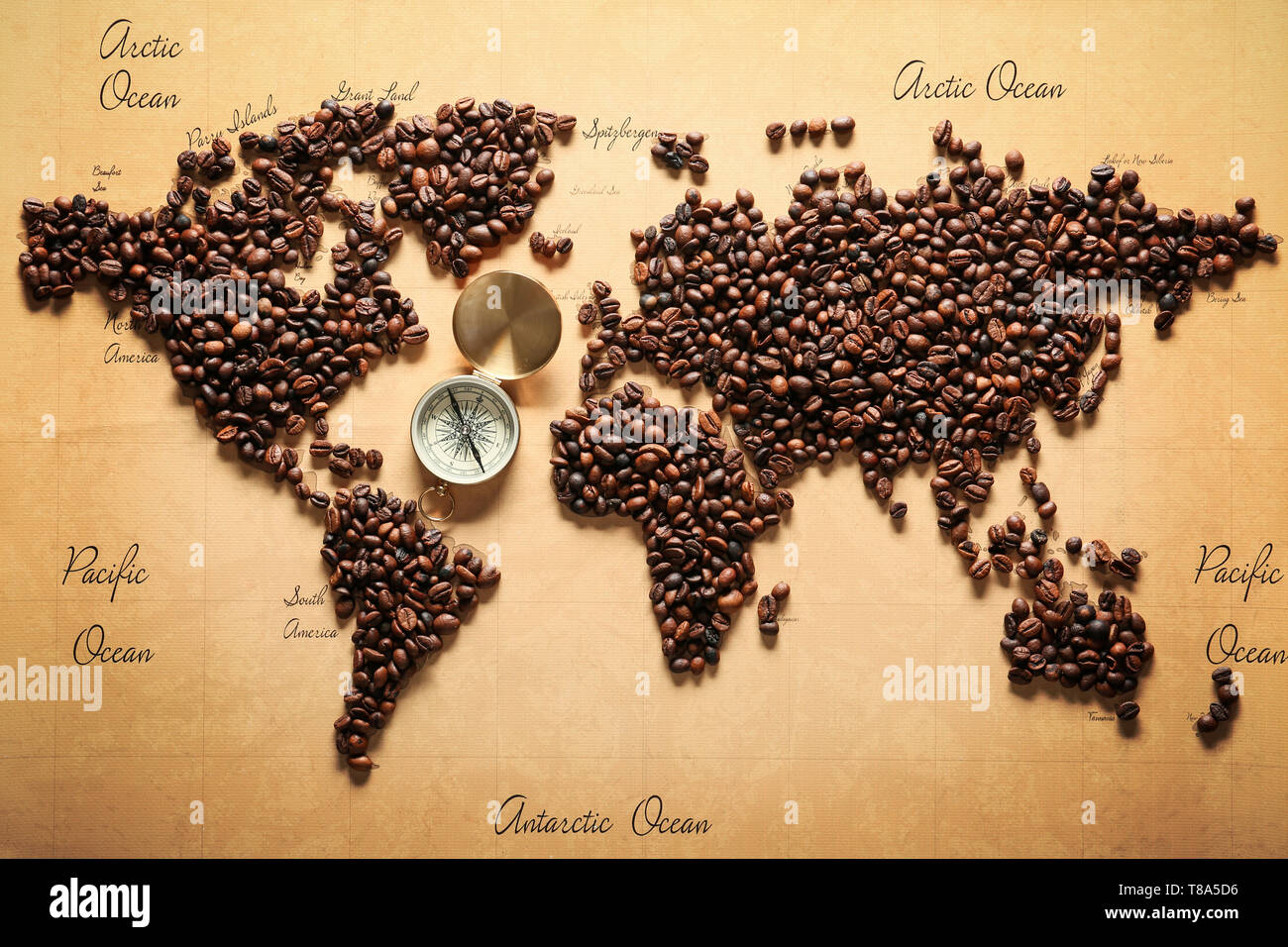 World map made of roasted coffee beans with compass, top view Stock ...