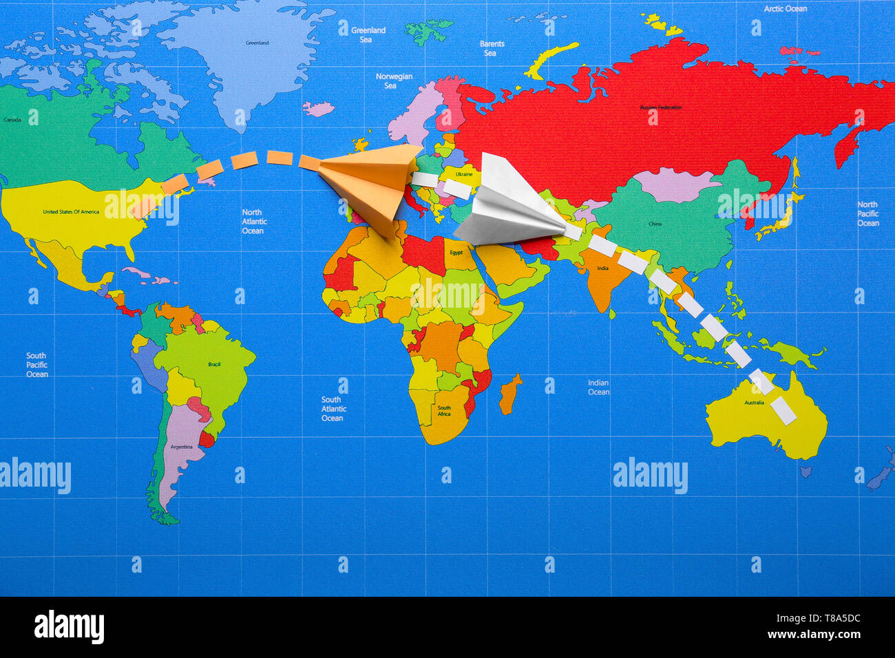 Creative composition with designated routes on world map Stock Photo ...