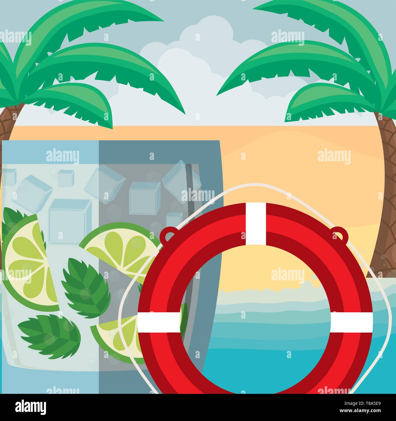 Trees Palms Beach Scene With Lemonade Cocktail And Float Vector Illustration Design Stock Vector
