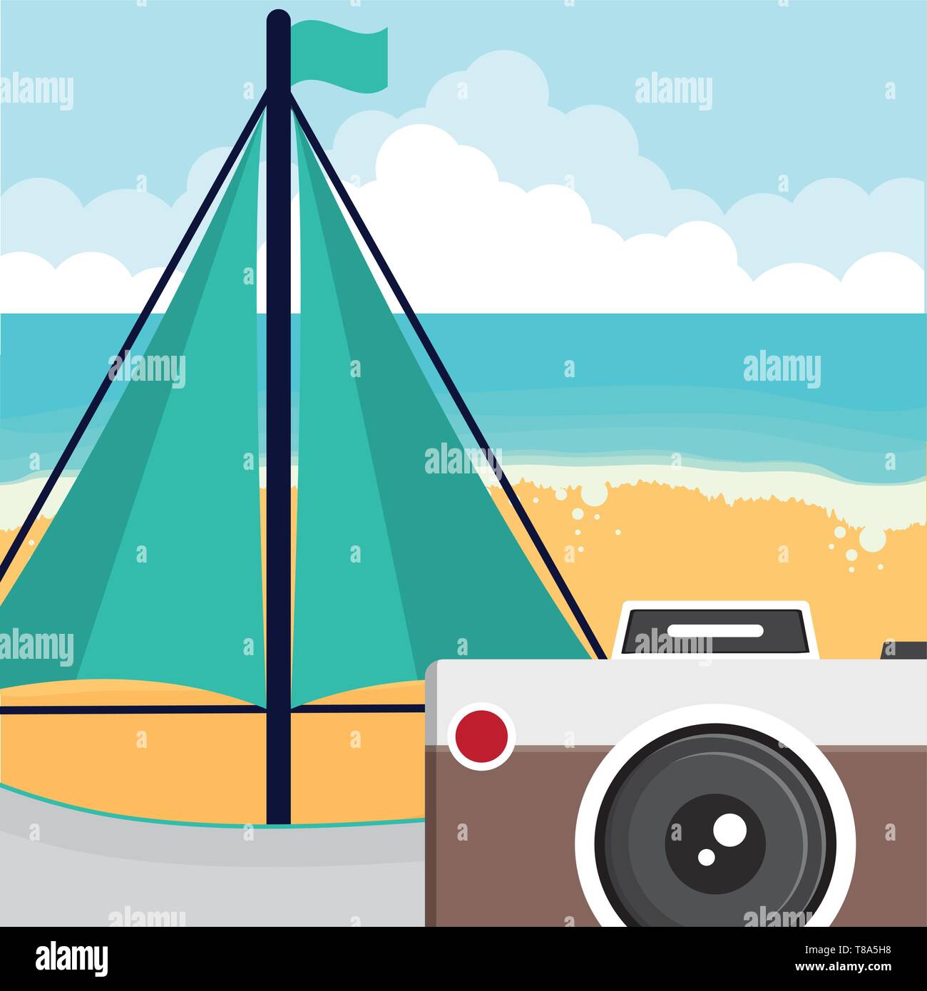 camera photographic with sailboat vector illustration design Stock ...