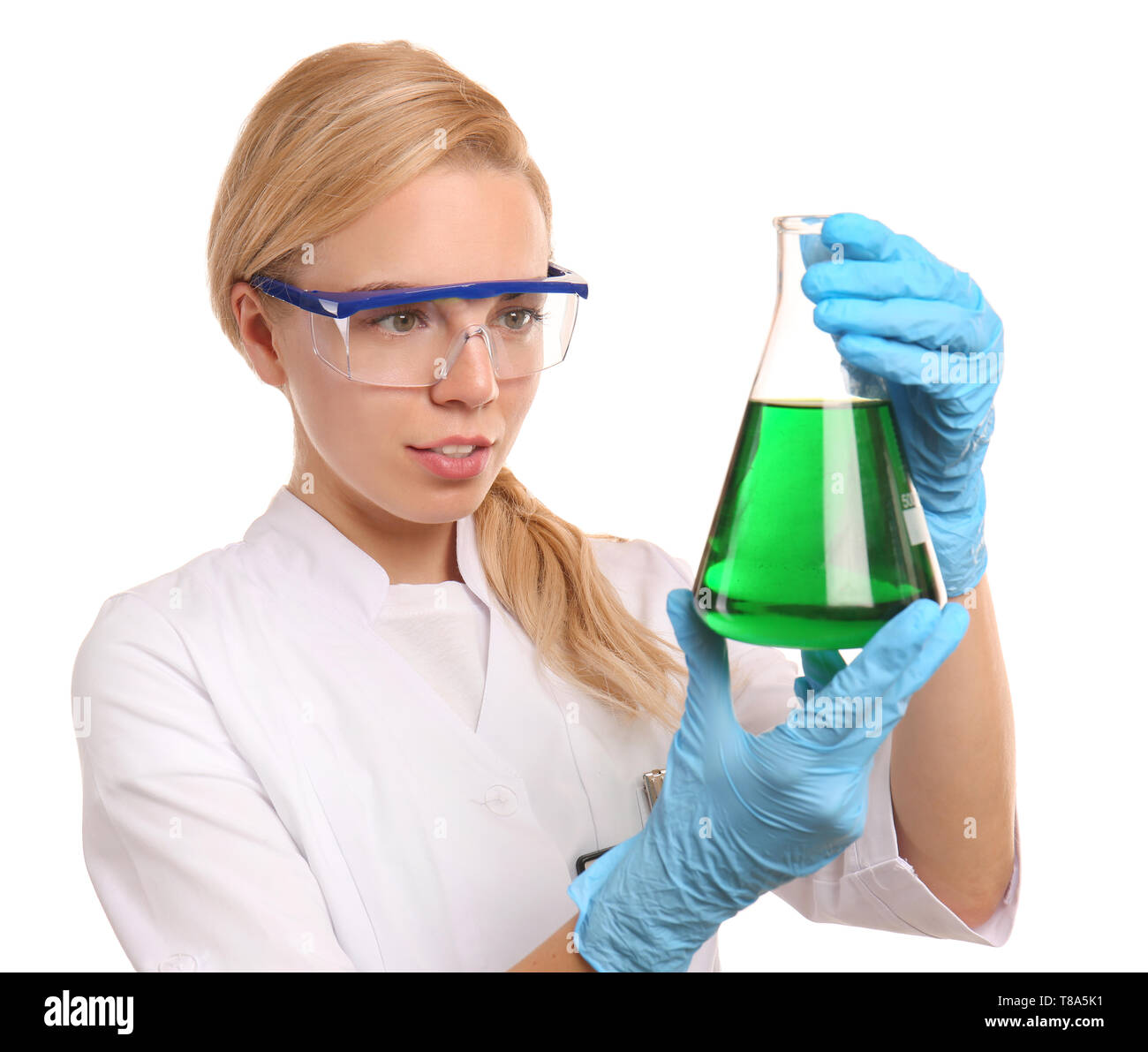 Female scientist with flask on white background Stock Photo - Alamy